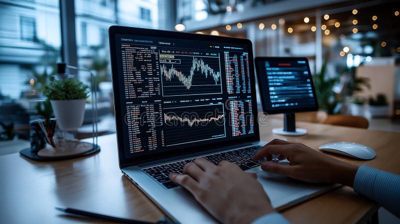 A Modern Home Office Setup Featuring Laptop Displaying Financial Charts ...