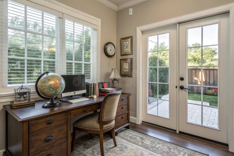 Home Office with Glass French Doors and Large Windows Stock ...