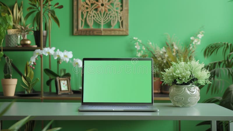Modern Home Office Setup with Green Screen Laptop and Elegant Decor ...