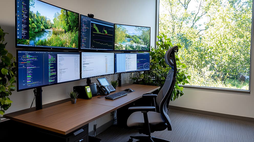 Modern Home Office Setup with Large Monitors Stock Illustration ...