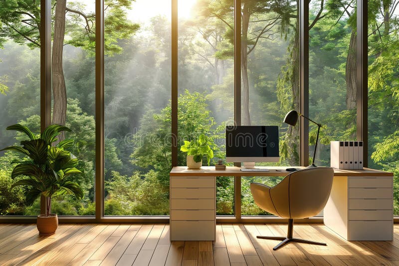 A Modern Home Office Setup in a Minimalist Style with Panoramic Windows ...