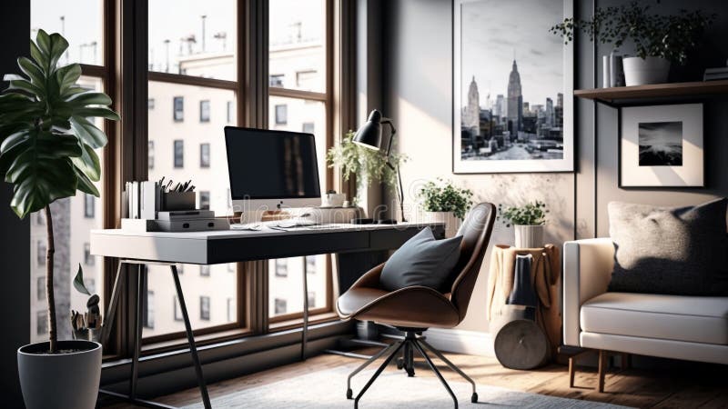 Modern Home Office Setup with Modern Computer and Houseplants ...