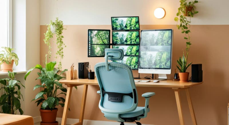 Modern Home Office Setup with Multi-Screen Display and Indoor Plants ... Modern Home Office Setup with Multi-Screen Display and Indoor Plants ...