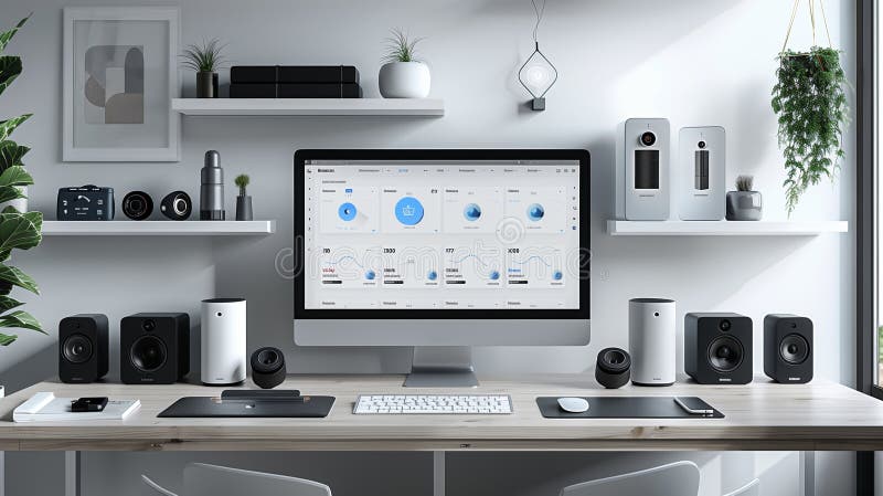 Modern Home Office Setup with Multiple Speakers and Digital Display ...