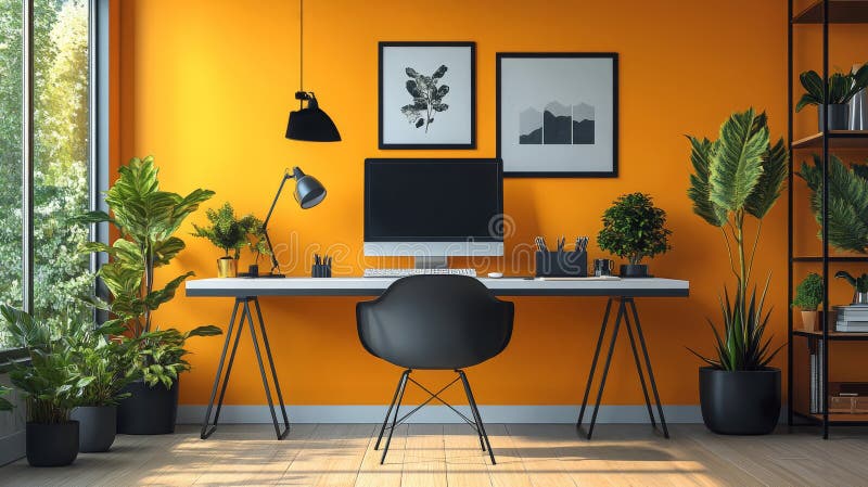Modern Home Office Setup Plants Artwork Computer Bright Orange Room ...