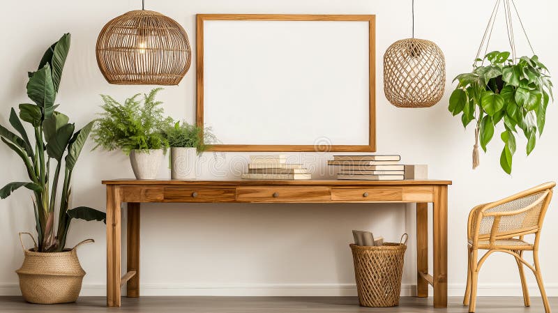 Modern Home Office Setup with Plants, Bamboo Decor, and Minimalist ...