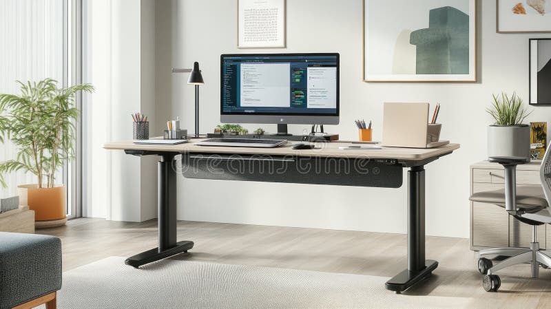 Modern Home Office Setup with Standing Desk, Computer, and Plants Stock ...