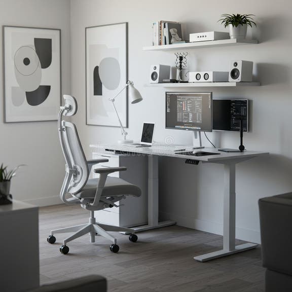 Modern Home Office with a Sleek White Desk and Ergonomic Chair. a ...
