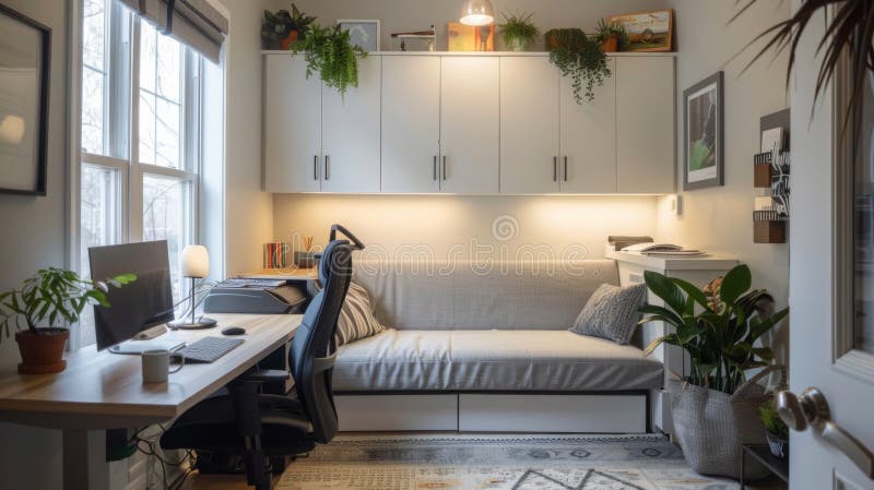 Modern Home Office with Sofa Bed Stock Photo - Image of workspace ...