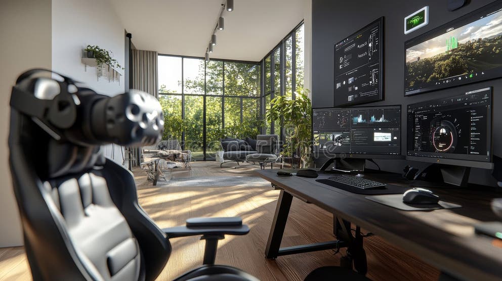 Modern Home Office with VR Gaming Setup and Bright Sunlight Stock ...