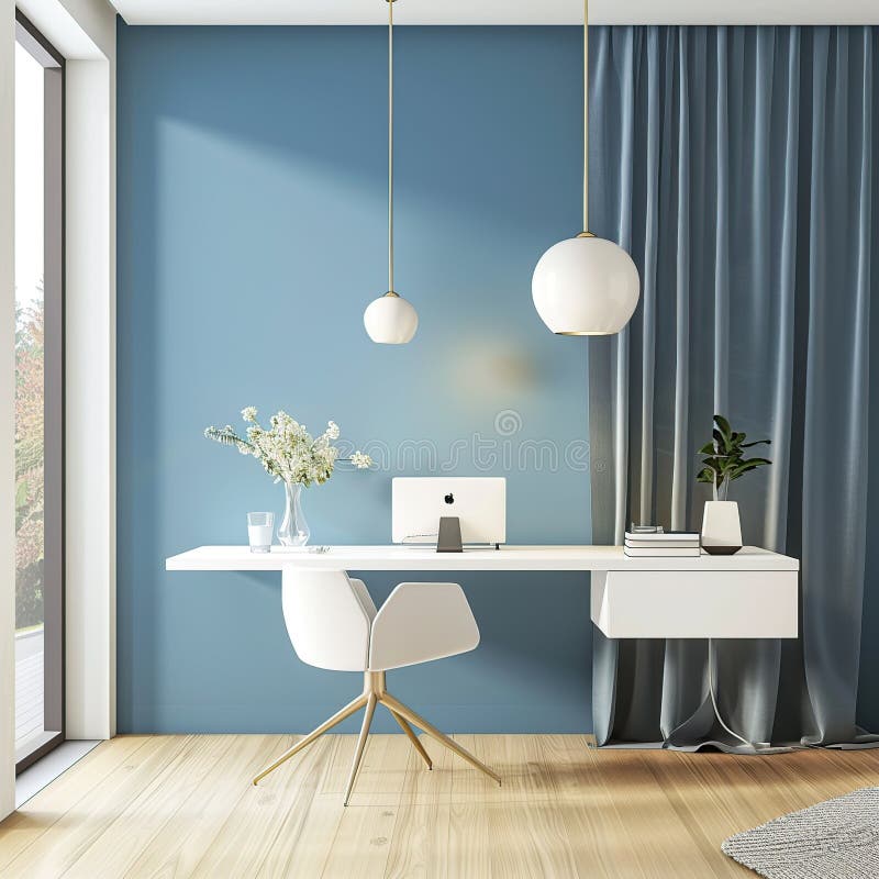 Modern Home Office with White Desk and Blue Accent Wall Stock Image ...