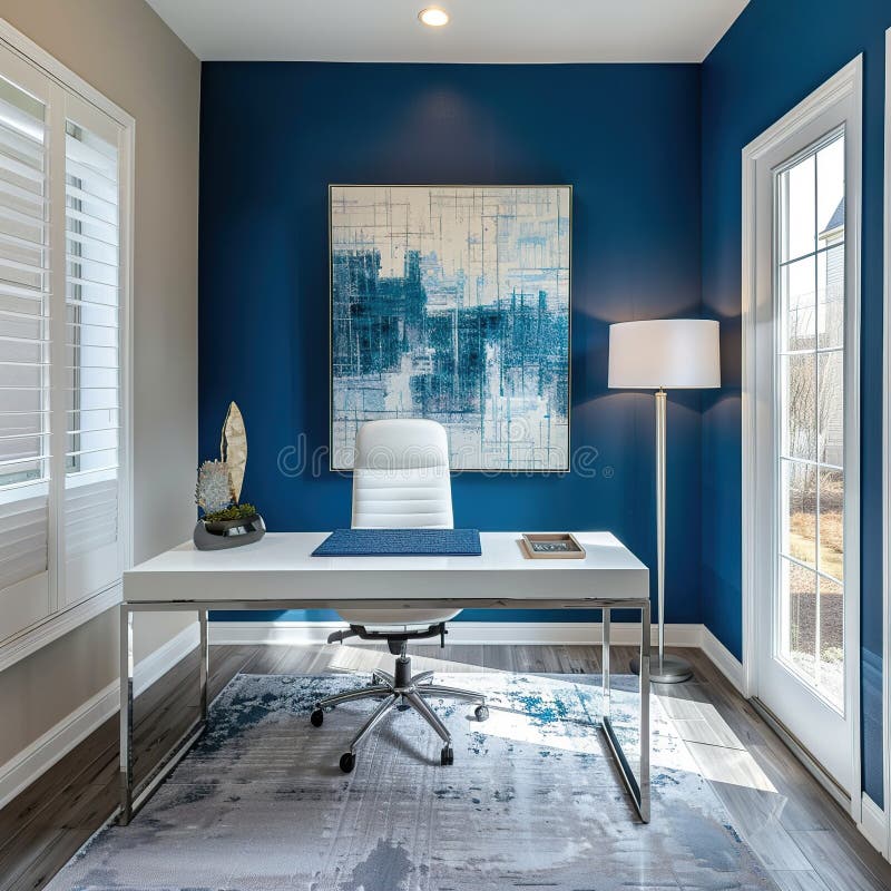 Modern Home Office with White Desk and Blue Accent Wall Stock Image ...