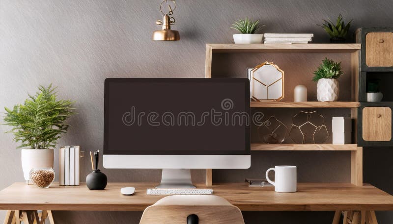 Modern Home Office with a Wooden Desk and Computer. 3D Rendering Stock ...