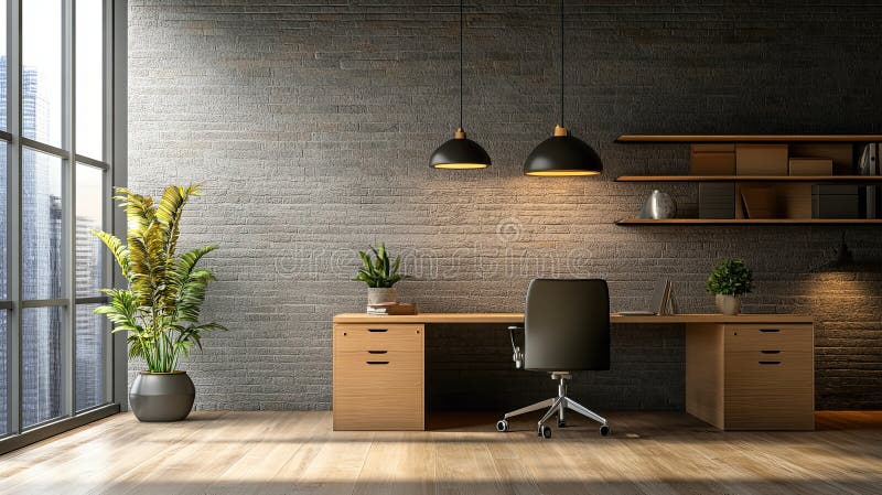 Modern Home Office Workspace with Brick Wall and Wood Desk Stock ...