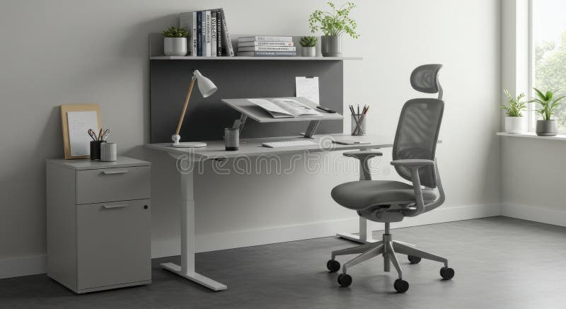 Modern Home Office Workspace with Ergonomic Chair and Adjustable Desk ...