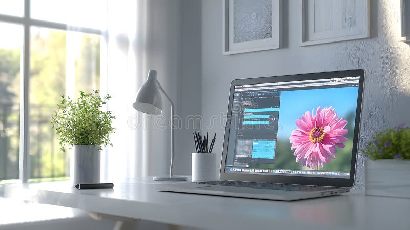 Modern Home Office Workspace with Laptop Showing Floral Design Software ...