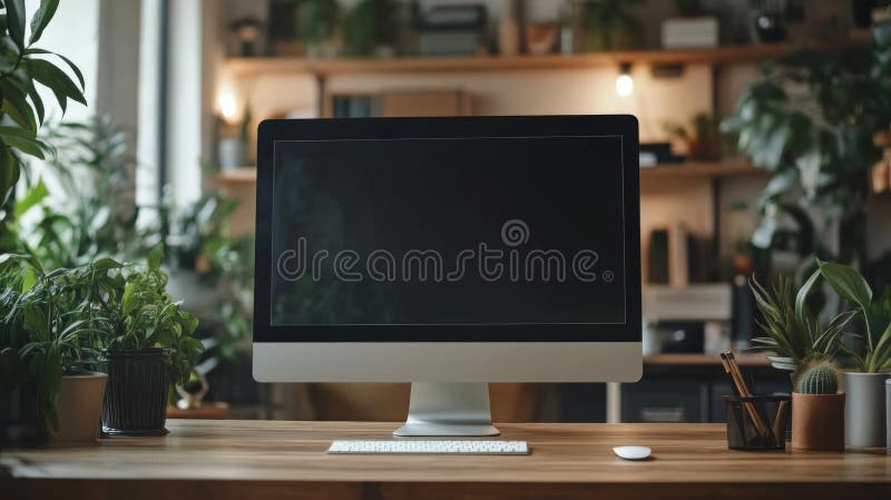 Modern Home Office Workspace with Plants and Computer Stock ...