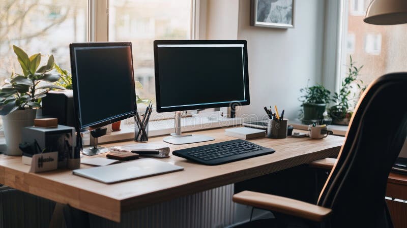 Modern Home Office Workspace with Two Computer Monitors, Keyboard ...