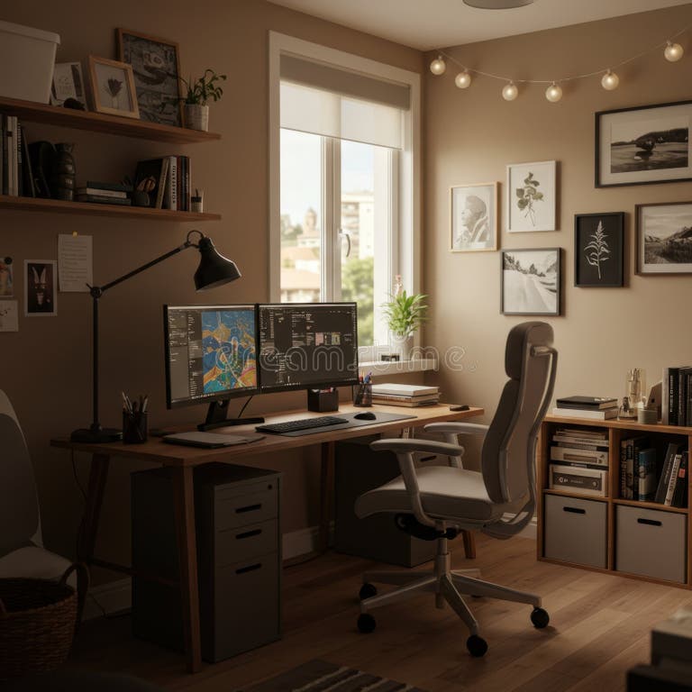 Modern Home Office Workspace with Warm Lighting Stock Illustration ...