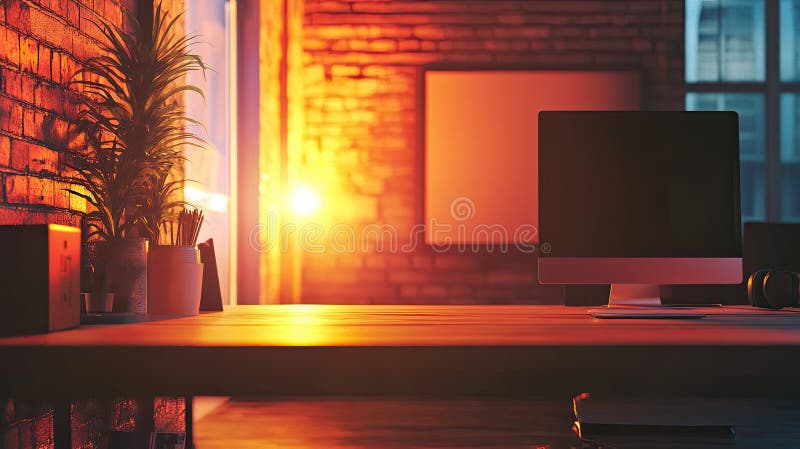 Modern Home Office Workspace with Warm Sunset Lighting Stock ...