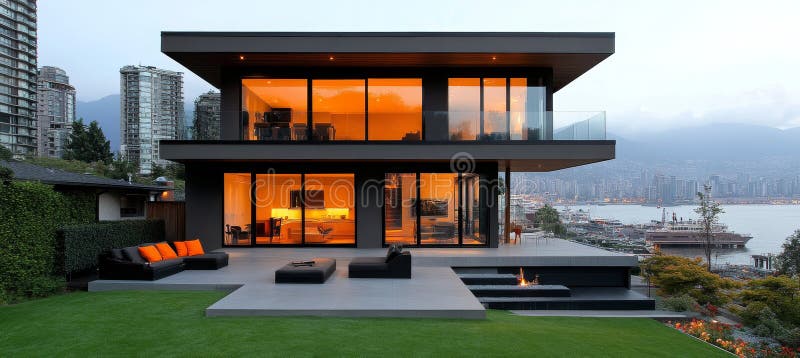 Modern Home with Panoramic Water Views at Sunset, Contemporary Open ...