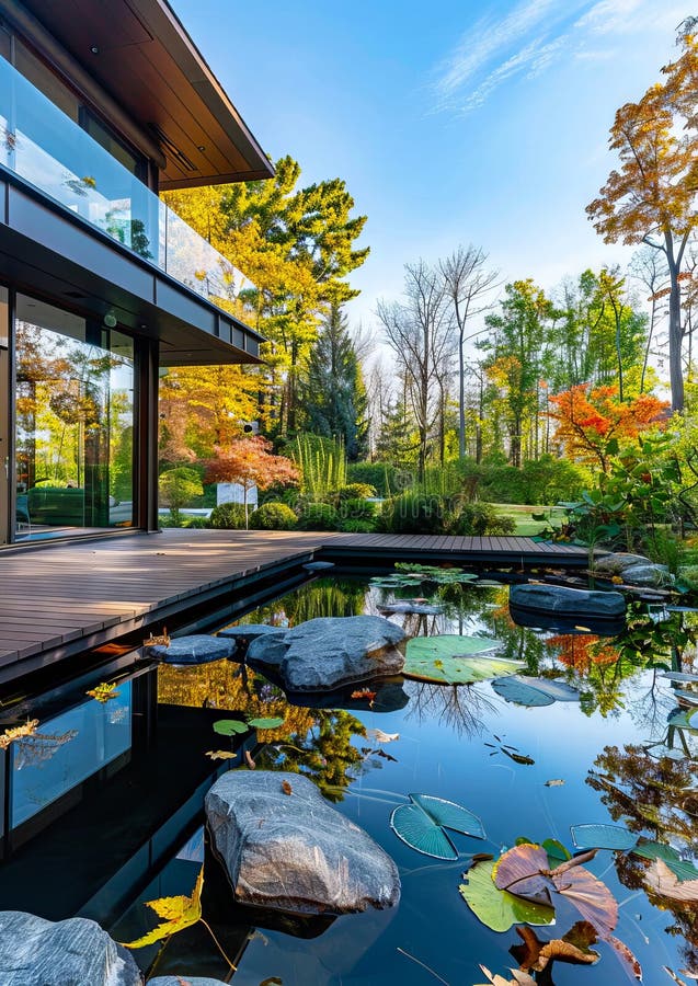 A Modern Home with a Pond and Rocks Stock Image - Image of exterior ...