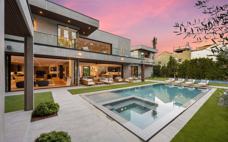 Modern Home with a Pool in the Middle of the Spacious Yard Stock Image ...