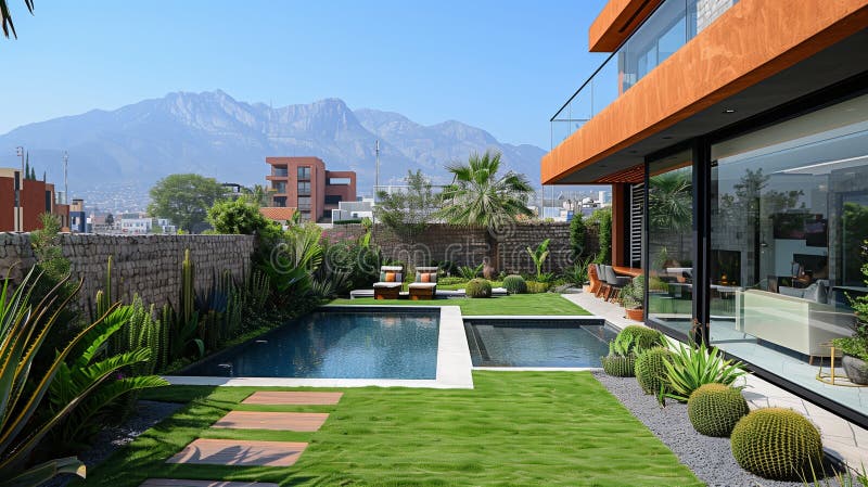 Modern Home with Pool and Mountain View in Mexico Stock Photo - Image ...