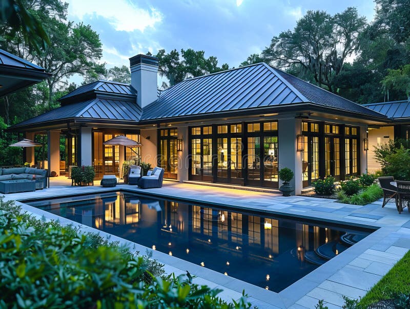 A Modern Home with a Pool and Patio Stock Photo - Image of hotel ...