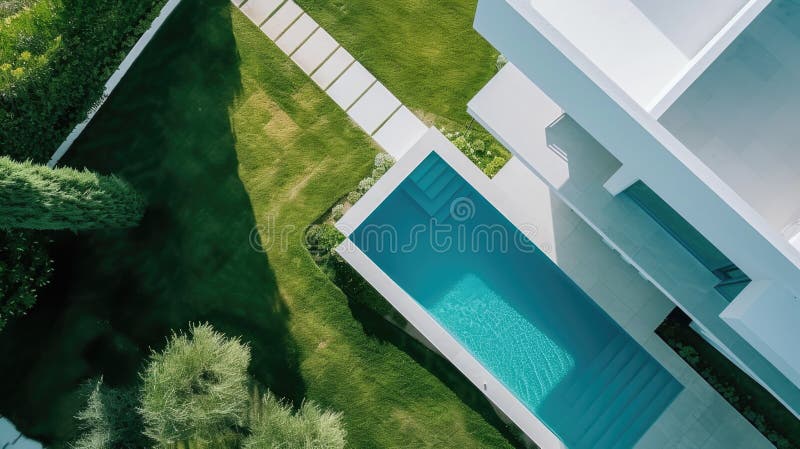 Modern Home with a Rectangular Swimming Pool and Green Lawn Aerial View ...