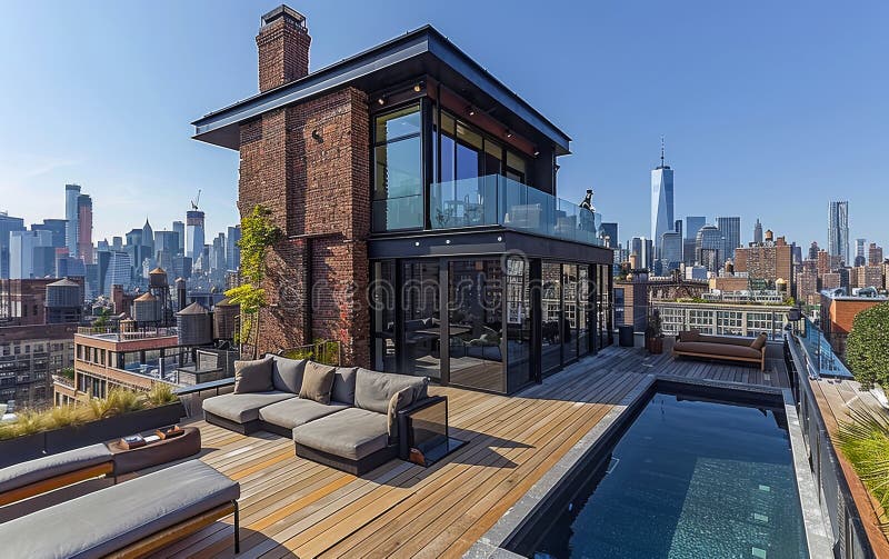 Modern Home. Rooftop Deck with Pool and City Skyline Stock Image ...