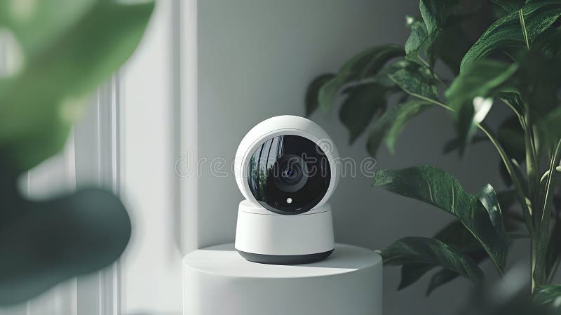 Modern Home Security Camera Placed Indoors, Surrounded by Green Plants ...