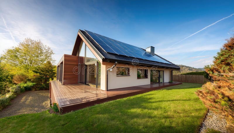 Modern Home with Solar Panels Surrounded Stock Photo - Image of nature ...