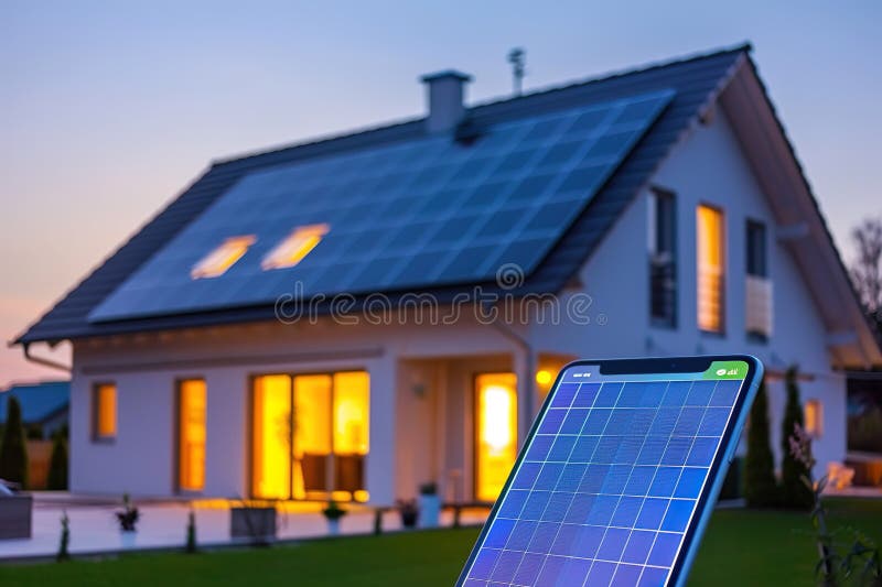Modern Home with Solar Panels at Twilight Stock Photo - Image of ...