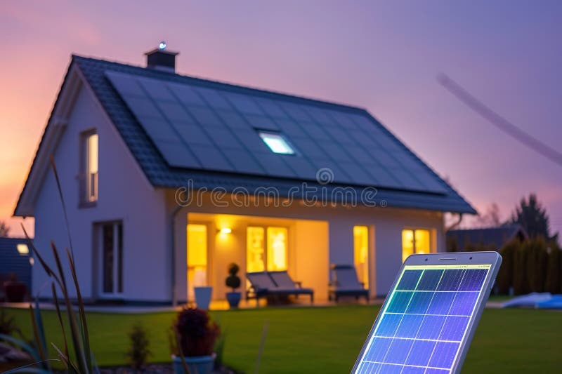Modern Home with Solar Panels at Twilight Stock Photo - Image of dusk ...