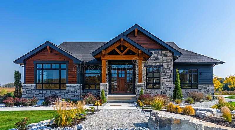 A Modern Home with Stone and Wood Siding Stock Photo - Image of ...