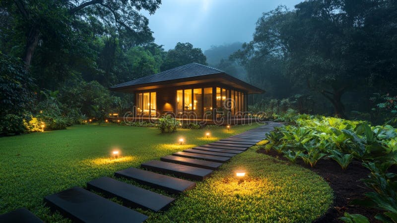 Modern Home Surrounded by Lush Greenery with Lighted Pathway at Night ...