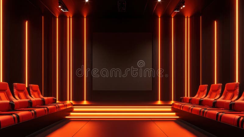 Modern Home Theater Room with Red Neon Lighting and Comfortable Seating ...