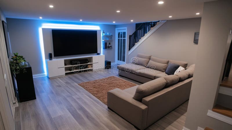 Modern Home Theater Room with Sectional Sofa and Blue LED Lighting ...