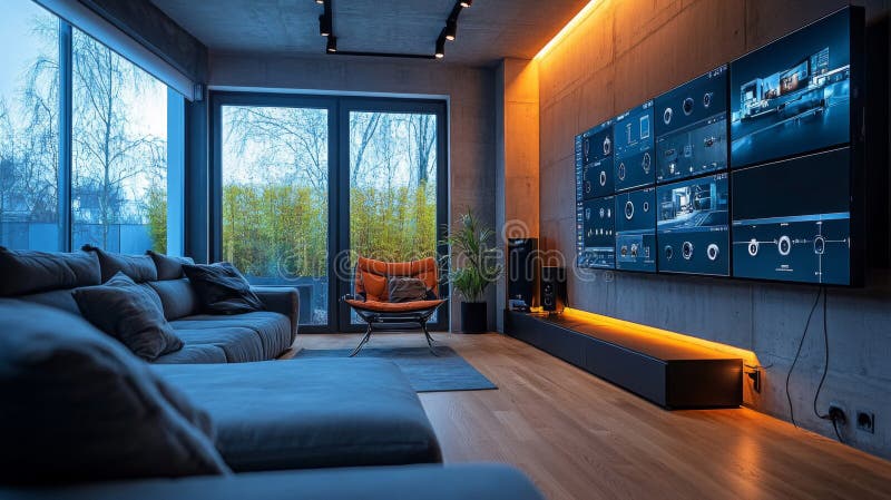 Modern Home Theater with Video Wall and Cozy Seating Stock Illustration ...