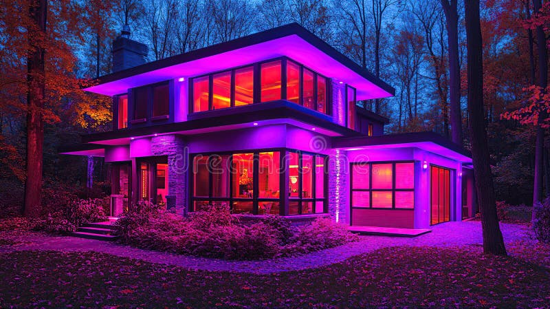 Modern Home with Vibrant LED Lighting at Night Stock Illustration ...
