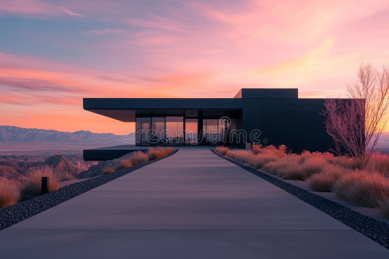 Modern Luxury House Design Hillside Setting Sunset Exterior View Home ...