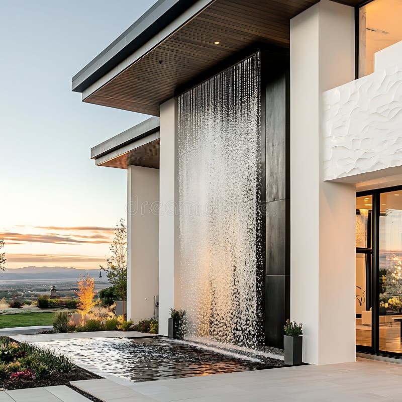 Modern Home with Waterfall Feature and Stunning Mountain Views Stock ...