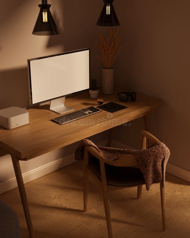 Modern Home Working Area Interior Design with Pc Computer on Wood Table ...
