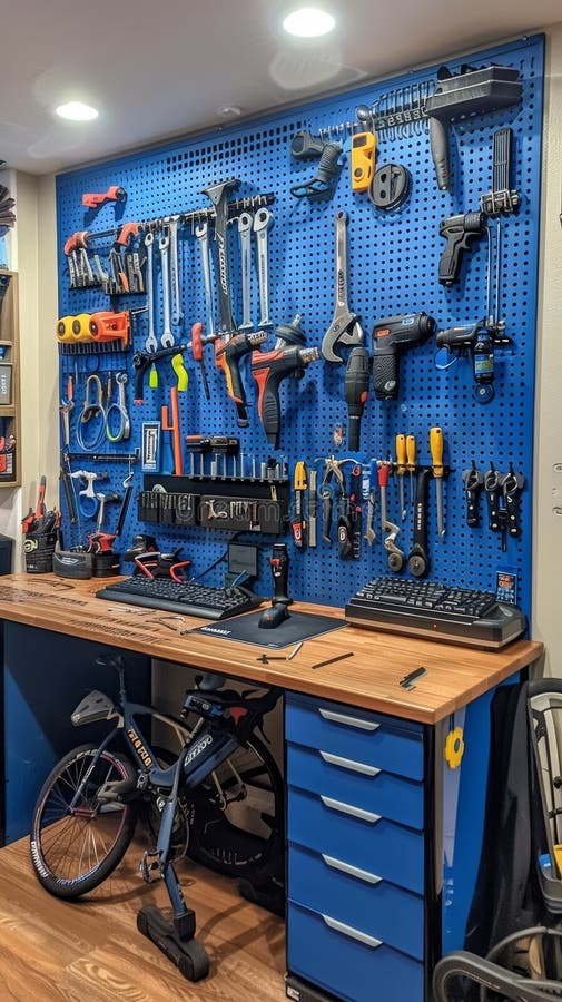 A Modern Home Workshop Corner Showing an Organized Tool Display, a ...