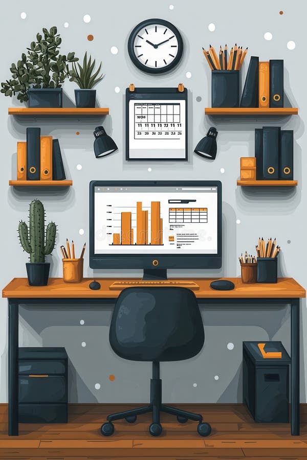 Modern Home Workspace with Computer, Clock, and Office Supplies Stock ...