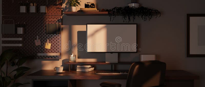 Modern Home Workspace with Desktop Computer White Screen Mockup, Books ...