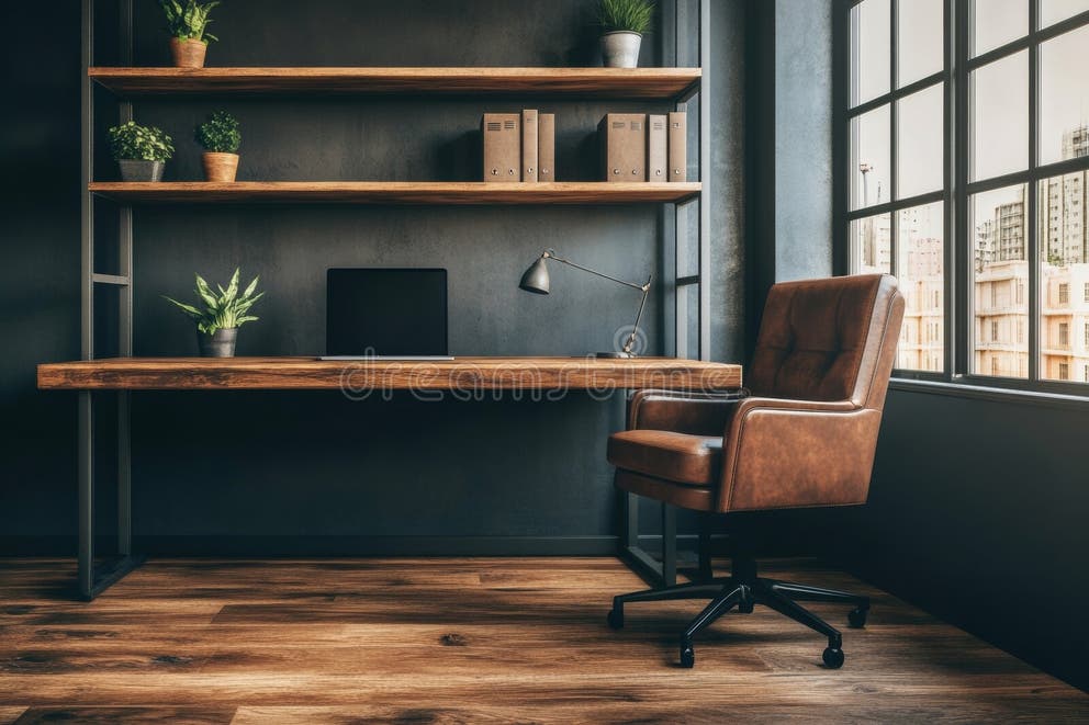 This Modern Home Workspace Includes a Rustic Desk, an Array of Plants ...