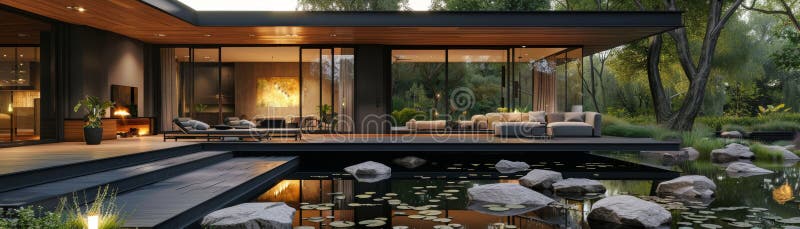 Modern Home with a Zen Garden and a Pond Stock Illustration ...