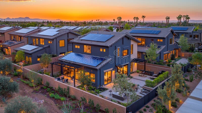 Modern Homes with Solar Panels at Sunset in a Sustainable Housing ...